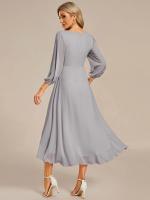 China Elegant Empire Long Sleeve V-neck High Low A-line Ruffled Midi Grey Chiffon Wedding Guest Graduation Dress for sale