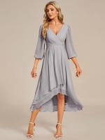 China Elegant Empire Long Sleeve V-neck High Low A-line Ruffled Midi Grey Chiffon Wedding Guest Graduation Dress for sale