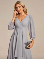 China Elegant Empire Long Sleeve V-neck High Low A-line Ruffled Midi Grey Chiffon Wedding Guest Graduation Dress for sale