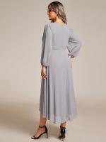 China Elegant Empire Long Sleeve V-neck High Low A-line Ruffled Midi Grey Chiffon Wedding Guest Graduation Dress for sale
