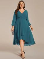 China Elegant Empire Long Sleeve V-neck High Low A-line Ruffled Midi Dusty Chiffon Wedding Guest Blue Graduation Dress for sale