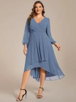 China Elegant Empire Long Sleeve V-neck High Low A-line Ruffled Midi Dusty Chiffon Wedding Guest Blue Graduation Dress for sale