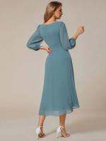 China Elegant Empire Long Sleeve V-neck High Low A-line Ruffled Midi Dusty Chiffon Wedding Guest Blue Graduation Dress for sale