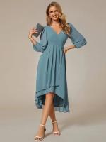 China Elegant Empire Long Sleeve V-neck High Low A-line Ruffled Midi Dusty Chiffon Wedding Guest Blue Graduation Dress for sale