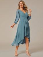 China Elegant Empire Long Sleeve V-neck High Low A-line Ruffled Midi Dusty Chiffon Wedding Guest Blue Graduation Dress for sale