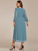 China Elegant Empire Long Sleeve V-neck High Low A-line Ruffled Midi Dusty Chiffon Wedding Guest Blue Graduation Dress for sale