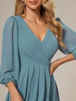 China Elegant Empire Long Sleeve V-neck High Low A-line Ruffled Midi Dusty Chiffon Wedding Guest Blue Graduation Dress for sale