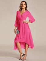 China Elegant Empire Long Sleeve V-neck High Low A-line Ruffled Midi Hot Pink Chiffon Wedding Guest  Party Dress for sale