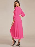 China Elegant Empire Long Sleeve V-neck High Low A-line Ruffled Midi Hot Pink Chiffon Wedding Guest  Party Dress for sale