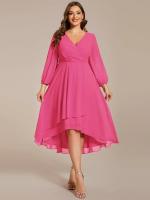 China Elegant Empire Long Sleeve V-neck High Low A-line Ruffled Midi Hot Pink Chiffon Wedding Guest  Party Dress for sale