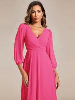 China Elegant Empire Long Sleeve V-neck High Low A-line Ruffled Midi Hot Pink Chiffon Wedding Guest  Party Dress for sale