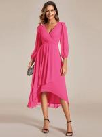 China Elegant Empire Long Sleeve V-neck High Low A-line Ruffled Midi Hot Pink Chiffon Wedding Guest  Party Dress for sale