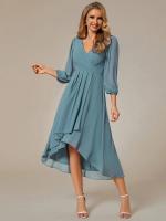 China Elegant Empire Long Sleeve V-neck High Low A-line Ruffled Midi Teal Chiffon Wedding Guest Prom Dress for sale