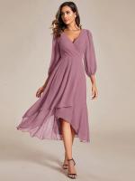 China Elegant Empire Long Sleeve V-neck High Low A-line Ruffled Midi Teal Chiffon Wedding Guest Prom Dress for sale