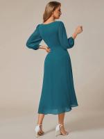 China Elegant Empire Long Sleeve V-neck High Low A-line Ruffled Midi Teal Chiffon Wedding Guest Prom Dress for sale