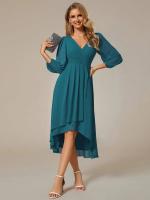 China Elegant Empire Long Sleeve V-neck High Low A-line Ruffled Midi Teal Chiffon Wedding Guest Prom Dress for sale