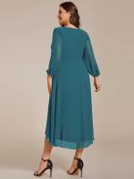 China Elegant Empire Long Sleeve V-neck High Low A-line Ruffled Midi Teal Chiffon Wedding Guest Prom Dress for sale
