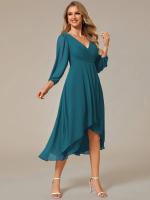 China Elegant Empire Long Sleeve V-neck High Low A-line Ruffled Midi Teal Chiffon Wedding Guest Prom Dress for sale