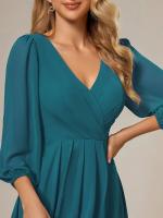 China Elegant Empire Long Sleeve V-neck High Low A-line Ruffled Midi Teal Chiffon Wedding Guest Prom Dress for sale