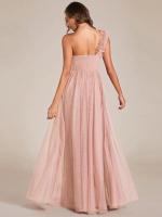 China Elegant One-shoulder Sweetheart Ruffled A-line Zipper Pleated High Slit Tulle Pink Bridesmaid Dress for sale