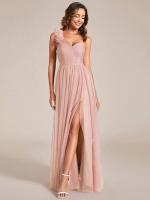 China Elegant One-shoulder Sweetheart Ruffled A-line Zipper Pleated High Slit Tulle Pink Bridesmaid Dress for sale