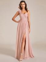 China Exquisite One-shoulder Sweetheart Ruffled A-line Zipper Pleated High Slit White Tulle Bridesmaid Dress for sale