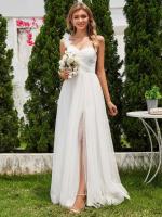 China Exquisite One-shoulder Sweetheart Ruffled A-line Zipper Pleated High Slit White Tulle Bridesmaid Dress for sale