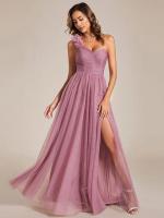 China Exquisite One-shoulder Sweetheart Ruffled A-line Zipper Pleated High Slit Burnt Orange Tulle Evening Dress for sale