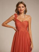 China Exquisite One-shoulder Sweetheart Ruffled A-line Zipper Pleated High Slit Burnt Orange Tulle Evening Dress for sale