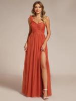 China Exquisite One-shoulder Sweetheart Ruffled A-line Zipper Pleated High Slit Burnt Orange Tulle Evening Dress for sale