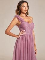 China Exquisite One-shoulder Sweetheart Ruffled A-line Zipper Pleated High Slit Purple Orchid Tulle Evening Dress for sale