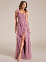 China Exquisite One-shoulder Sweetheart Ruffled A-line Zipper Pleated High Slit Purple Orchid Tulle Evening Dress for sale
