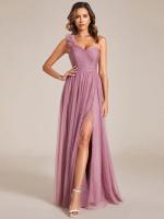 China Exquisite One-shoulder Sweetheart Ruffled A-line Zipper Pleated High Slit Purple Orchid Tulle Evening Dress for sale
