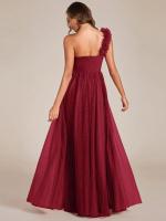 China Exquisite One-shoulder Sweetheart Ruffled A-line Zipper Pleated High Slit Burgundy Tulle Evening Dress for sale