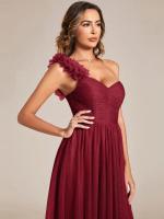 China Exquisite One-shoulder Sweetheart Ruffled A-line Zipper Pleated High Slit Burgundy Tulle Evening Dress for sale