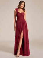 China Exquisite One-shoulder Sweetheart Ruffled A-line Zipper Pleated High Slit Burgundy Tulle Evening Dress for sale