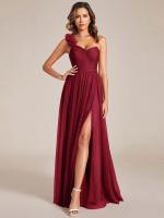 China Exquisite One-shoulder Sweetheart Ruffled A-line Zipper Pleated High Slit Burgundy Tulle Evening Dress for sale
