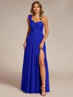 China Exquisite One-shoulder Sweetheart Ruffled A-line Zipper Pleated High Slit Mint Green Tulle Prom Dress for sale