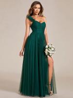 China Exquisite One-shoulder Sweetheart Ruffled A-line Zipper Pleated High Slit Mint Green Tulle Prom Dress for sale