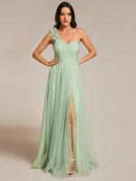 China Exquisite One-shoulder Sweetheart Ruffled A-line Zipper Pleated High Slit Mint Green Tulle Prom Dress for sale