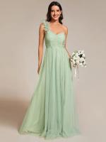 China Exquisite One-shoulder Sweetheart Ruffled A-line Zipper Pleated High Slit Mint Green Tulle Prom Dress for sale