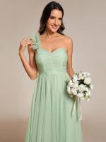 China Exquisite One-shoulder Sweetheart Ruffled A-line Zipper Pleated High Slit Mint Green Tulle Prom Dress for sale