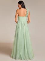 China Exquisite One-shoulder Sweetheart Ruffled A-line Zipper Pleated High Slit Mint Green Tulle Prom Dress for sale