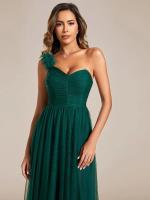 China Exquisite One-shoulder Sweetheart Ruffled A-line Zipper Pleated High Slit Dark Green Tulle Party Dress for sale