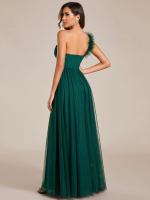 China Exquisite One-shoulder Sweetheart Ruffled A-line Zipper Pleated High Slit Dark Green Tulle Party Dress for sale