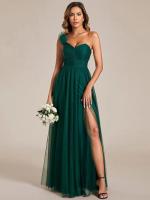 China Exquisite One-shoulder Sweetheart Ruffled A-line Zipper Pleated High Slit Dark Green Tulle Party Dress for sale