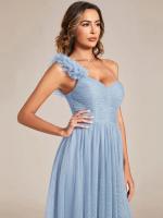 China Exquisite One-shoulder Sweetheart Ruffled A-line Zipper Pleated High Slit Light Blue Tulle Homecoming Dress for sale