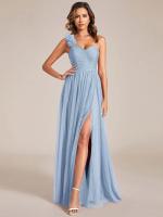 China Exquisite One-shoulder Sweetheart Ruffled A-line Zipper Pleated High Slit Light Blue Tulle Homecoming Dress for sale