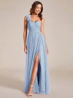 China Exquisite One-shoulder Sweetheart Ruffled A-line Zipper Pleated High Slit Light Blue Tulle Homecoming Dress for sale