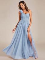 China Exquisite One-shoulder Sweetheart Ruffled A-line Zipper Pleated High Slit Sapphire Blue Tulle Graduation Dress for sale